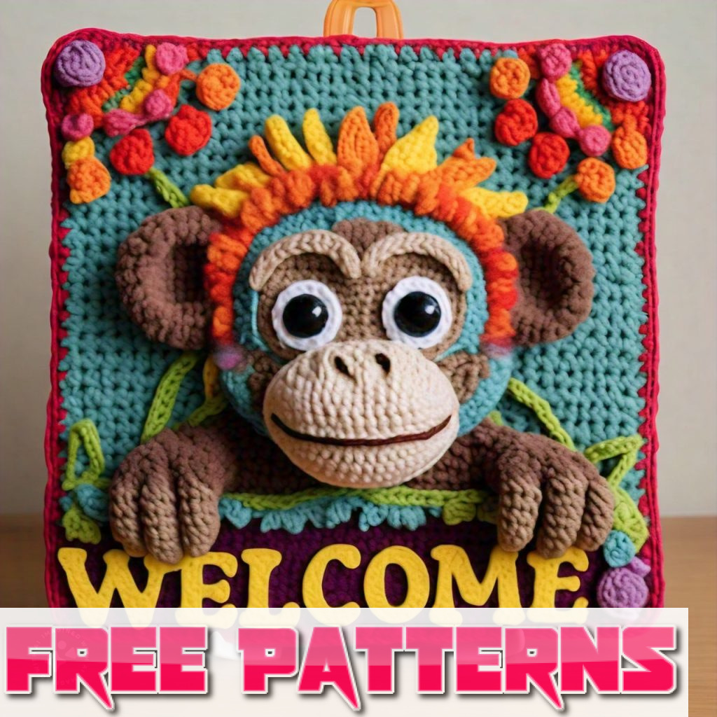 Whimsical Crocheted Cute Monkey Welcome Sign Pattern